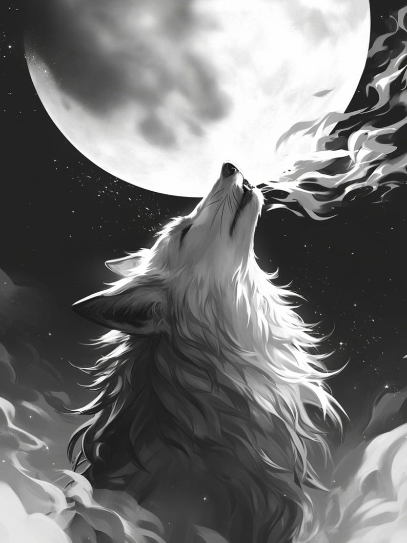 Howling Spirit – Mystical Fox Under the Moon | Monochrome Printable ...