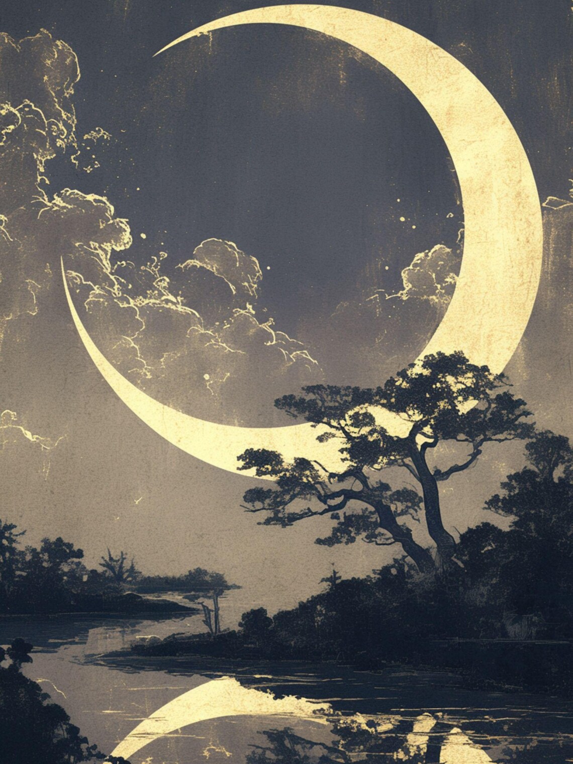 Golden Crescent Moon – Japanese Minimalist Landscape Art Printable - Etsy