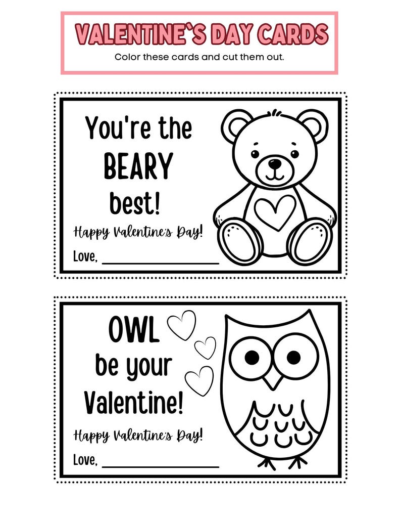 Printable Valentine's Day Coloring Cards for Kids Fun and Cute Animal ...
