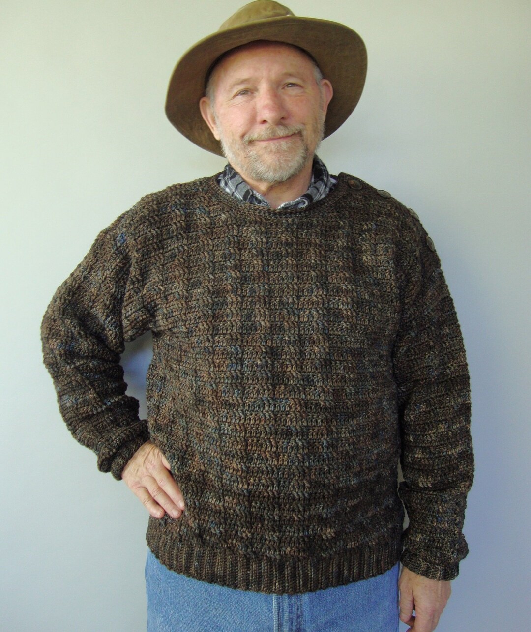 Hand Crochet Merino Wool Sweater: Whiskey Brown Button Shoulder, Mens ...