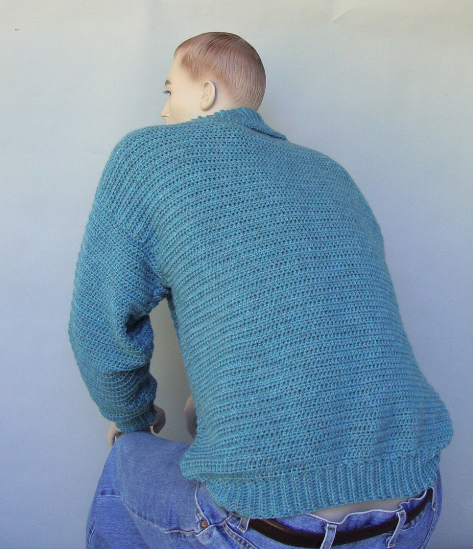 Hand-crocheted Wool Men's Sweater: Sky Blue Funnel Neck - Etsy