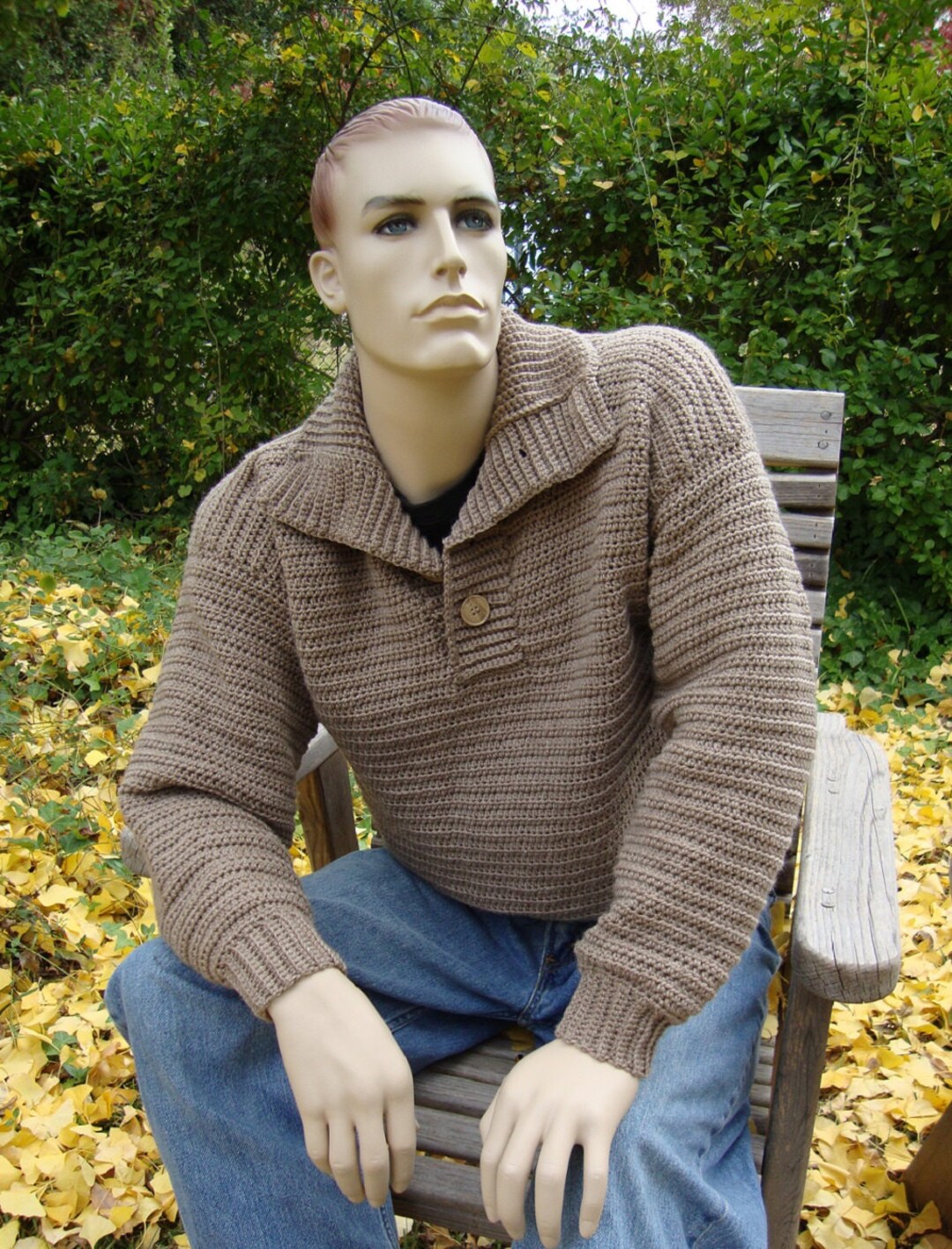 Mens Wool Sweater, Men's Crochet Sweater, Tan Sweater, Optional Funnel ...