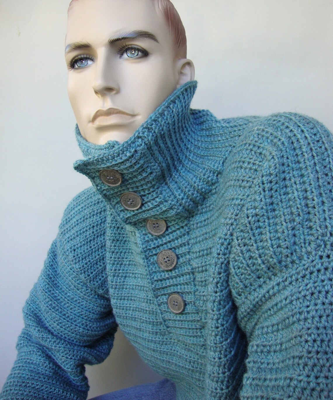 Hand-crocheted Wool Men's Sweater: Sky Blue Funnel Neck - Etsy