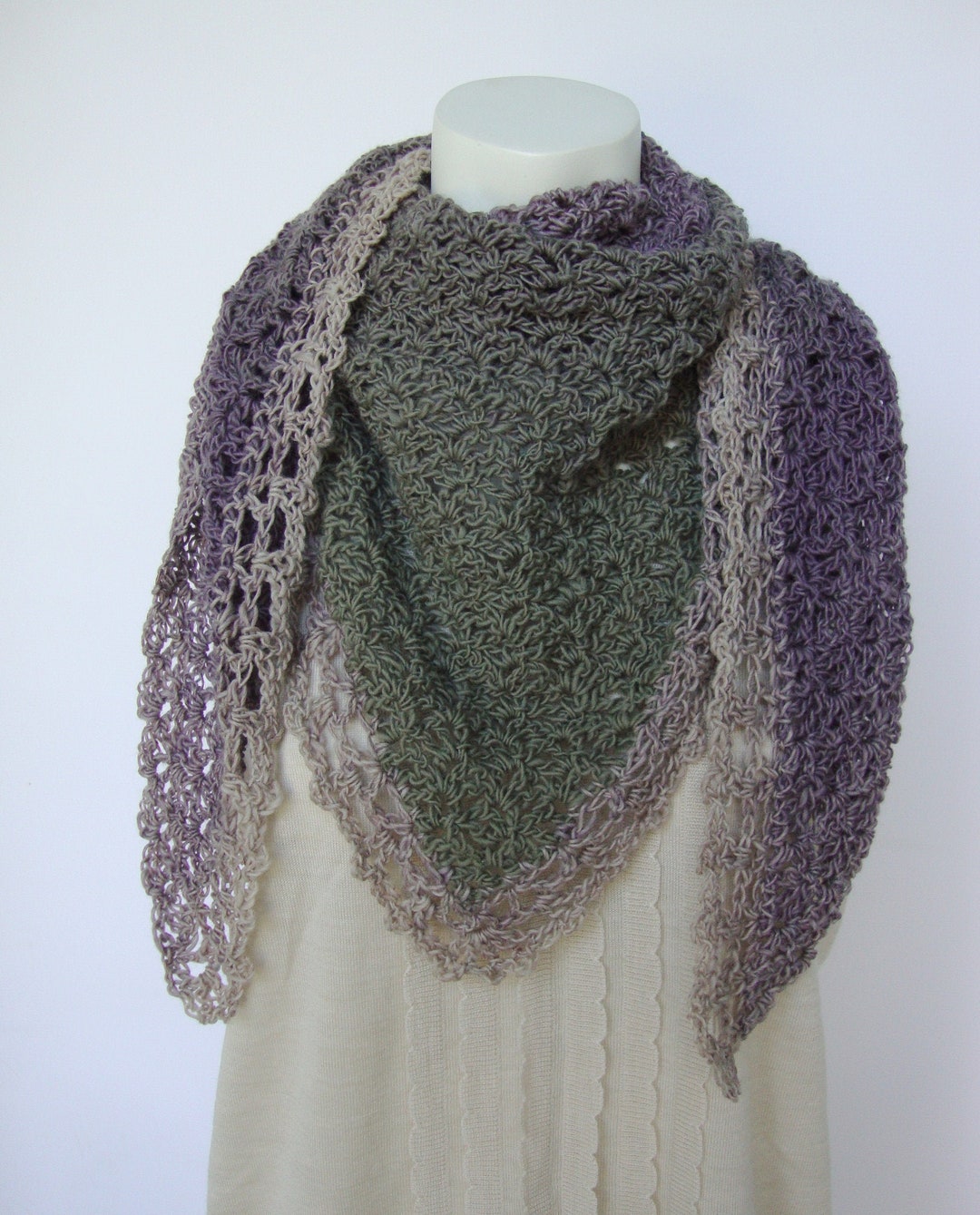 Crochet Triangle Scarf, Green/purple Scarf, Shawlette, Neckerchief ...
