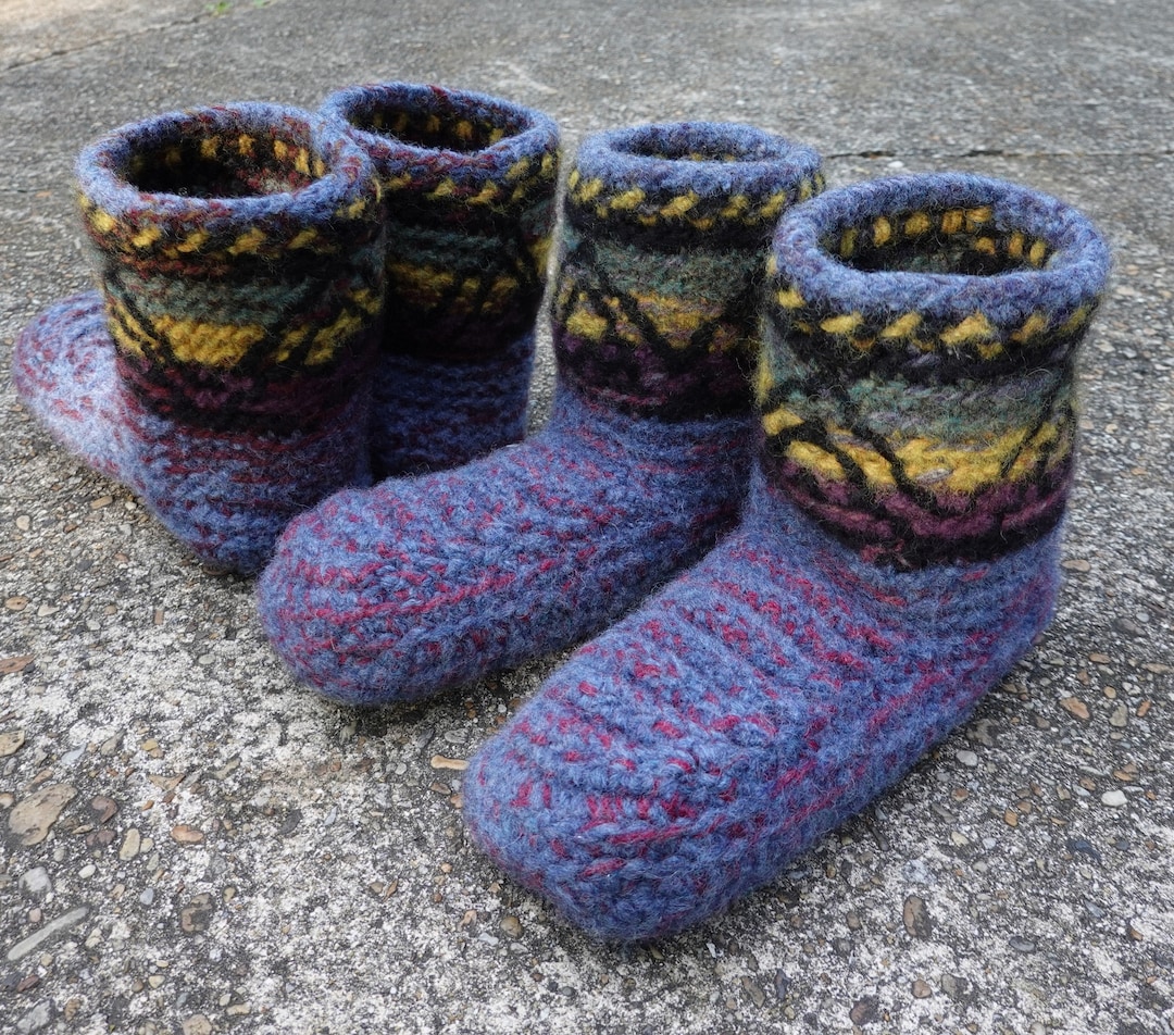 Felted Wool Booties for Men: Slate Blue Mountain Motif Slipper Socks - Etsy