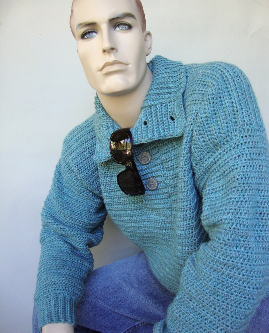 Hand-crocheted Wool Men's Sweater: Sky Blue Funnel Neck - Etsy