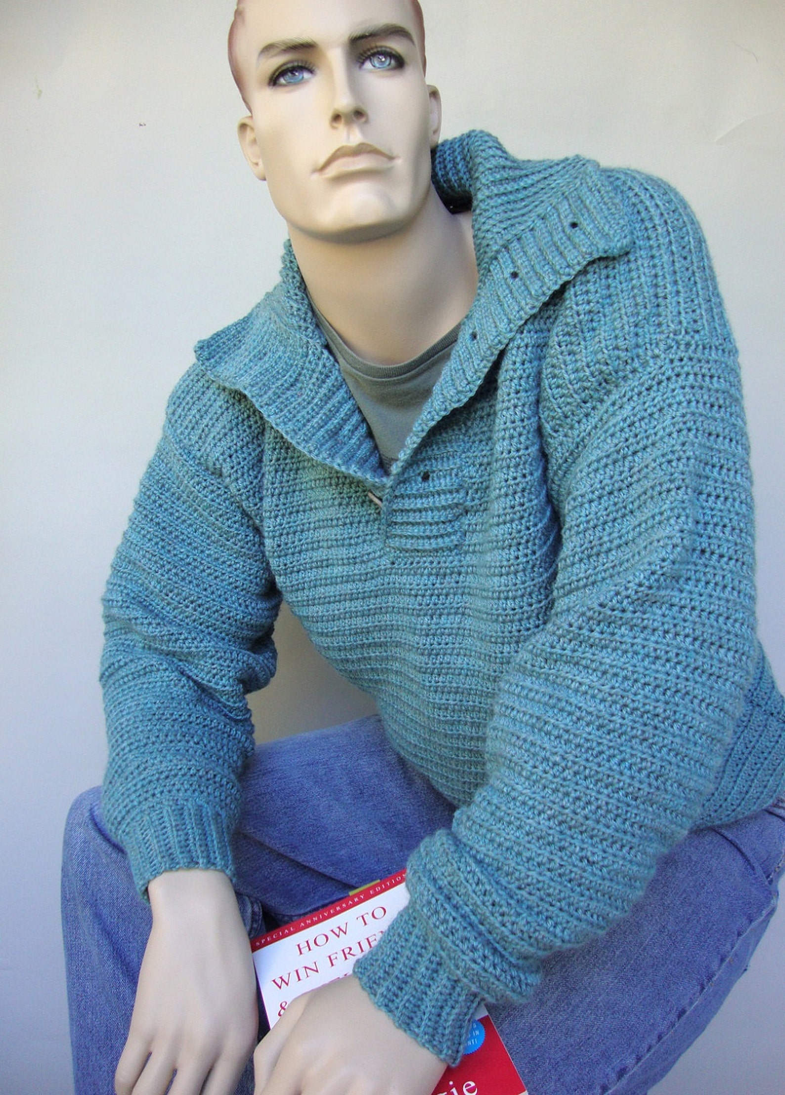 Hand-crocheted Wool Men's Sweater: Sky Blue Funnel Neck - Etsy