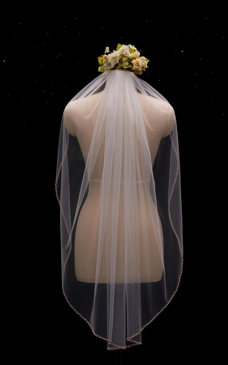 Crystal Bridal Veil, Beaded Trim Wedding Veil, Rose Gold Beaded Veil, 1 ...