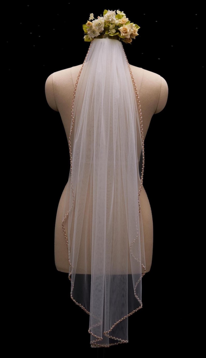 Crystal Bridal Veil, Beaded Trim Wedding Veil, Rose Gold Beaded Veil, 1 ...