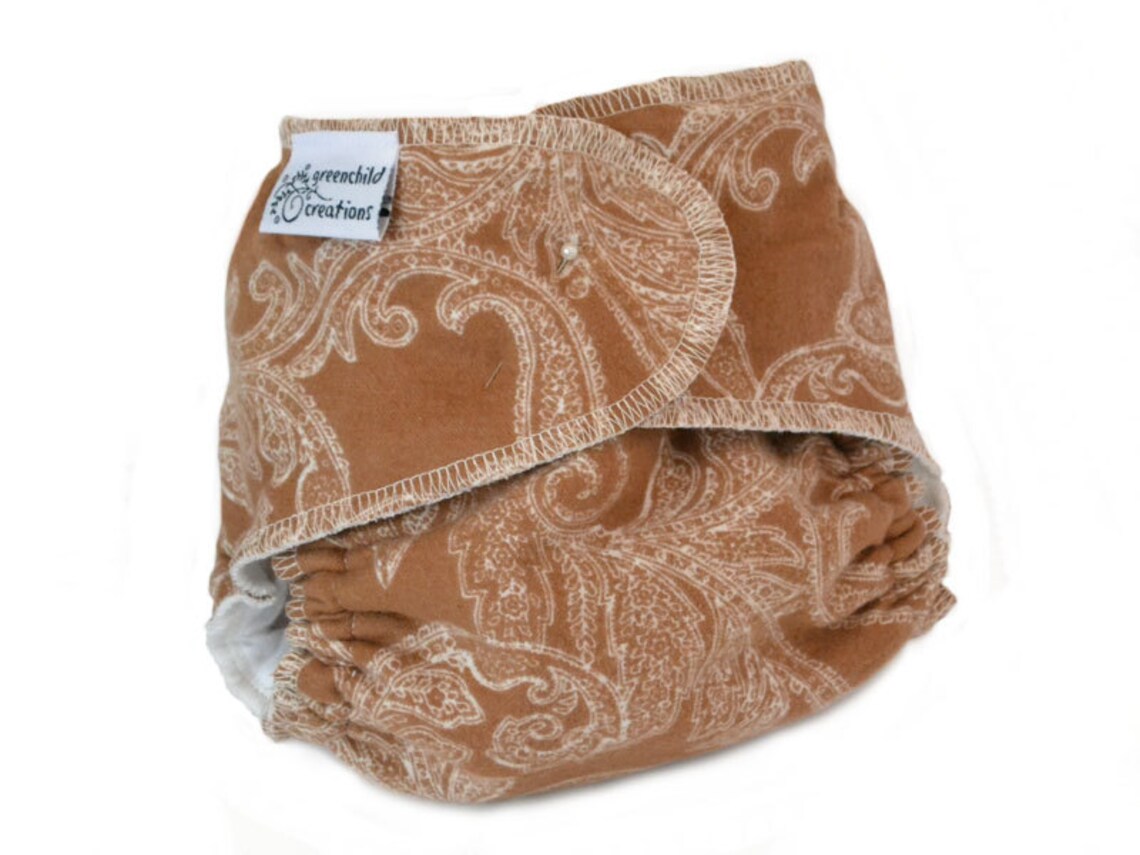 Cloth Diaper Fitted, One Size, Brown Paisley, Flannel - Add Snaps or ...