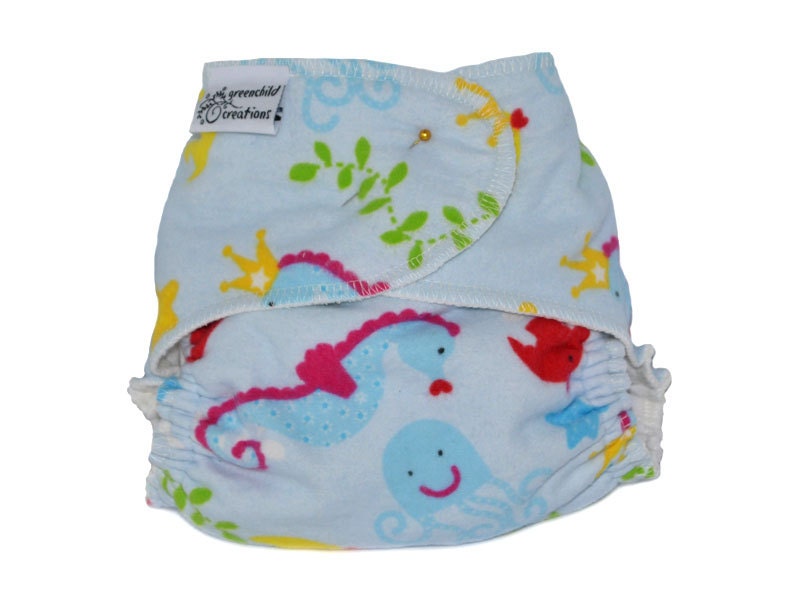 Cloth Diaper Fitted, One Size, Ocean Seahorse & Fish, Flannel Add Snaps ...