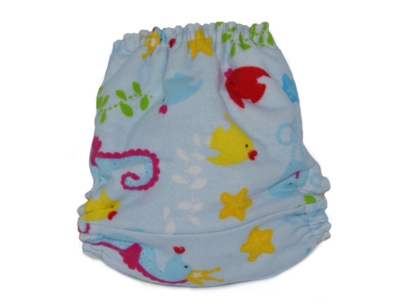 Cloth Diaper Fitted, One Size, Ocean Seahorse & Fish, Flannel Add Snaps ...