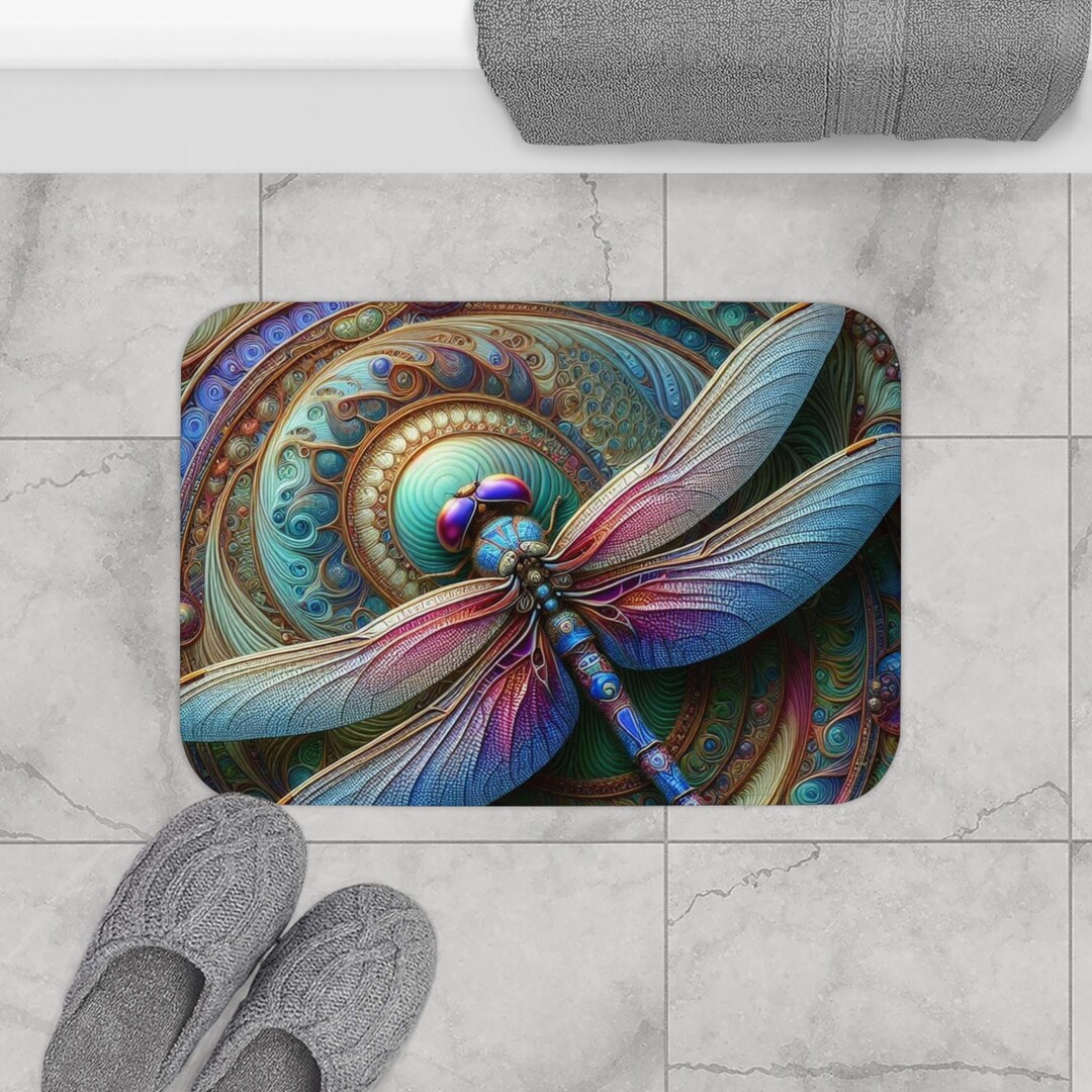 Dragonfly Art Deco Bath Mat - Elegant Bathroom Rug, Insect Lover Home ...