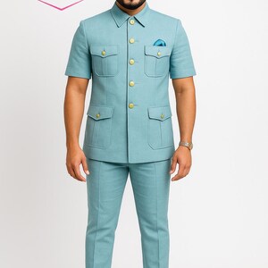 Handmade Turquoise Men's Short Sleeve Suit: Modern Wedding Outfit - Etsy