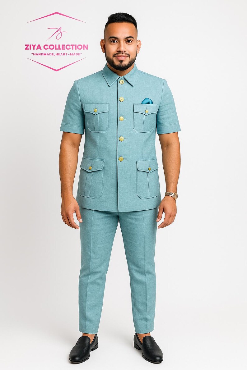 Handmade Turquoise Men's Short Sleeve Suit: Modern Wedding Outfit - Etsy