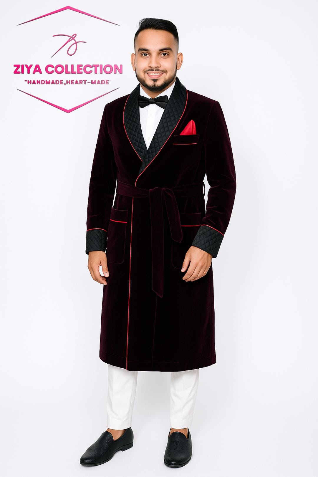 Handmade Burgundy Velvet Men's Overcoat: Quilted Lapel, Red Accents - Etsy