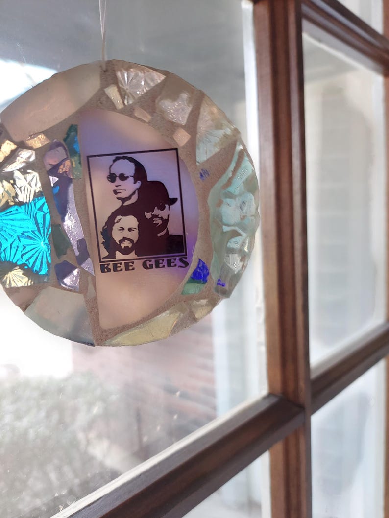 BEE GEES Stained Glass Mosaic Suncatcher Ornament 4" One of a Kind Hand ...