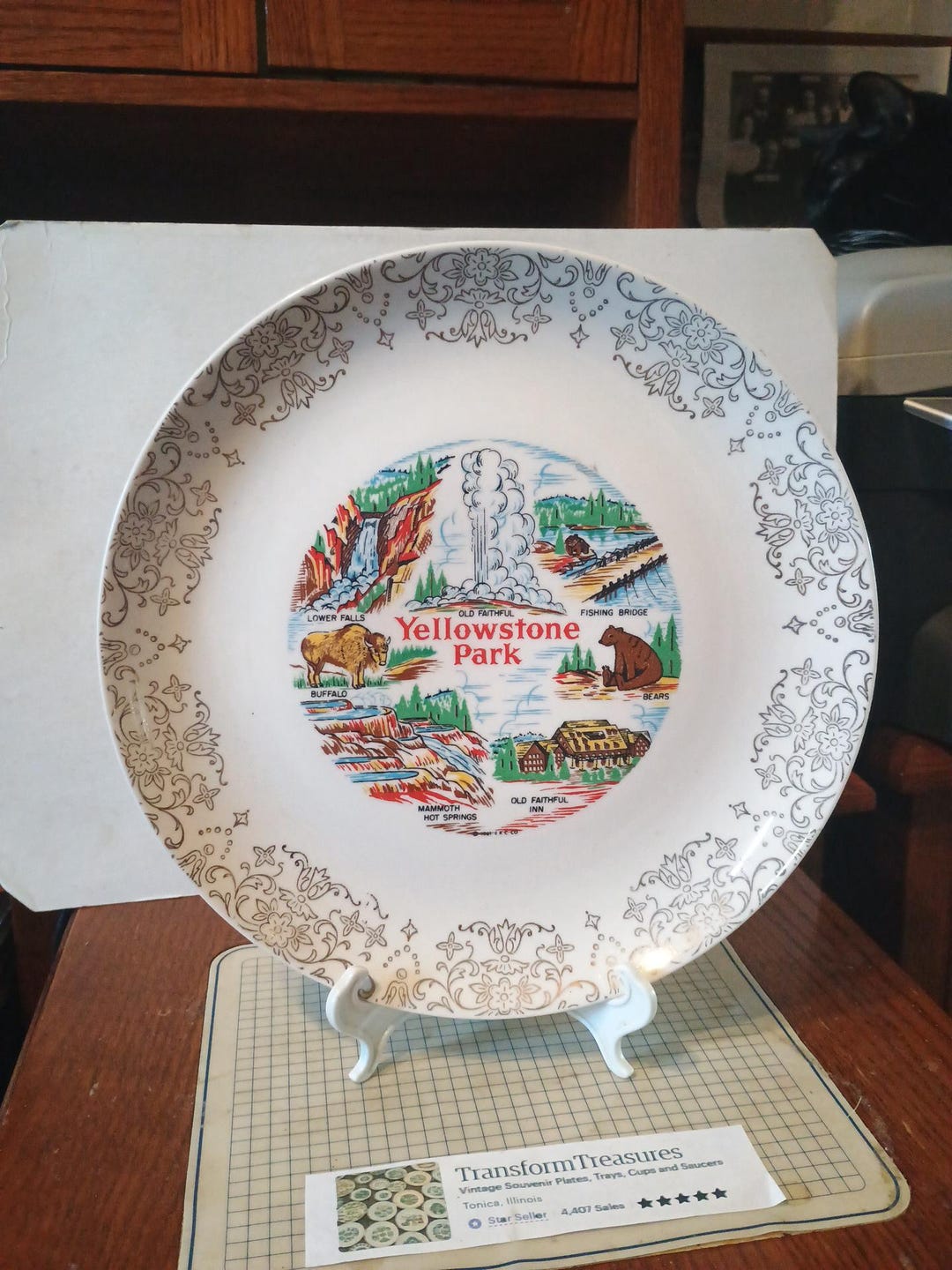 Vintage Yellowstone National Park Plate Large Gold Filigree Landmarks ...