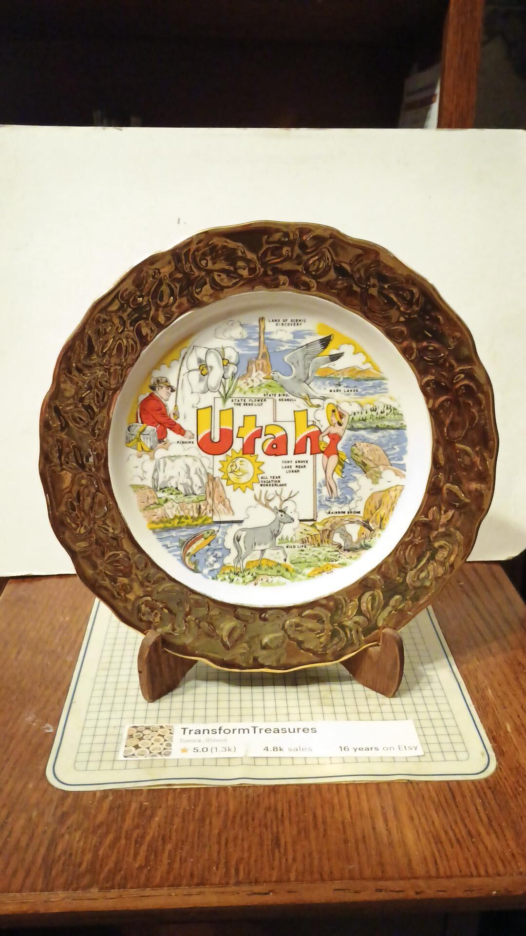 Vintage Utah State Plate Crown-o-gold Warranted 22k Souvenir Landmarks ...
