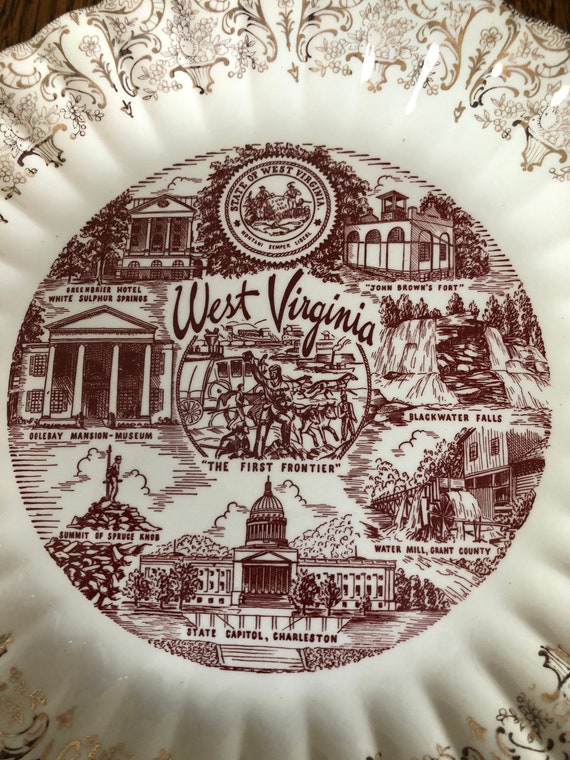 Vintage West Virginia Souvenir State Plate Gold Wavy Border WV ...