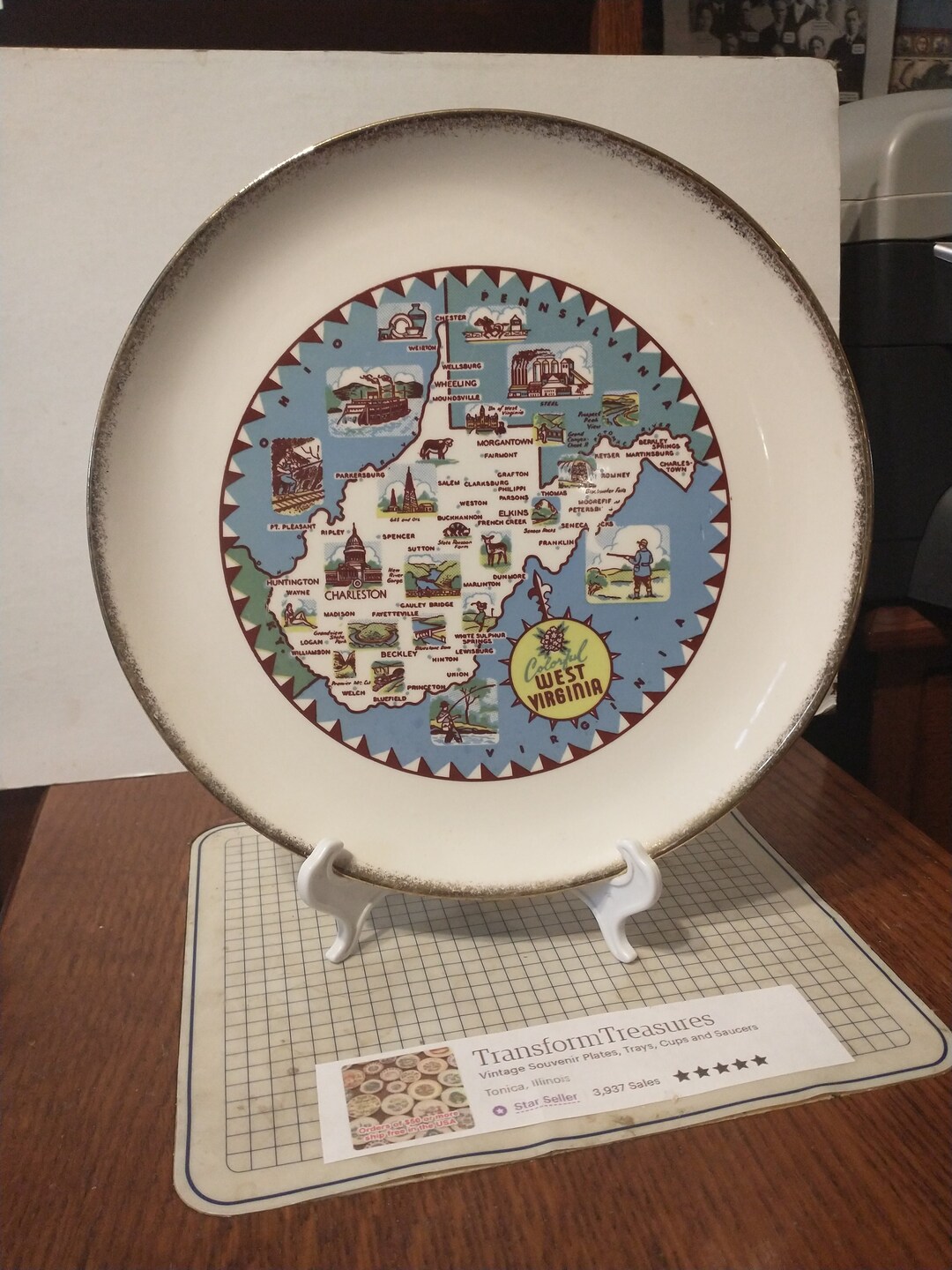 Vintage West Virginia Souvenir State Plate Map Landmarks Decorative ...