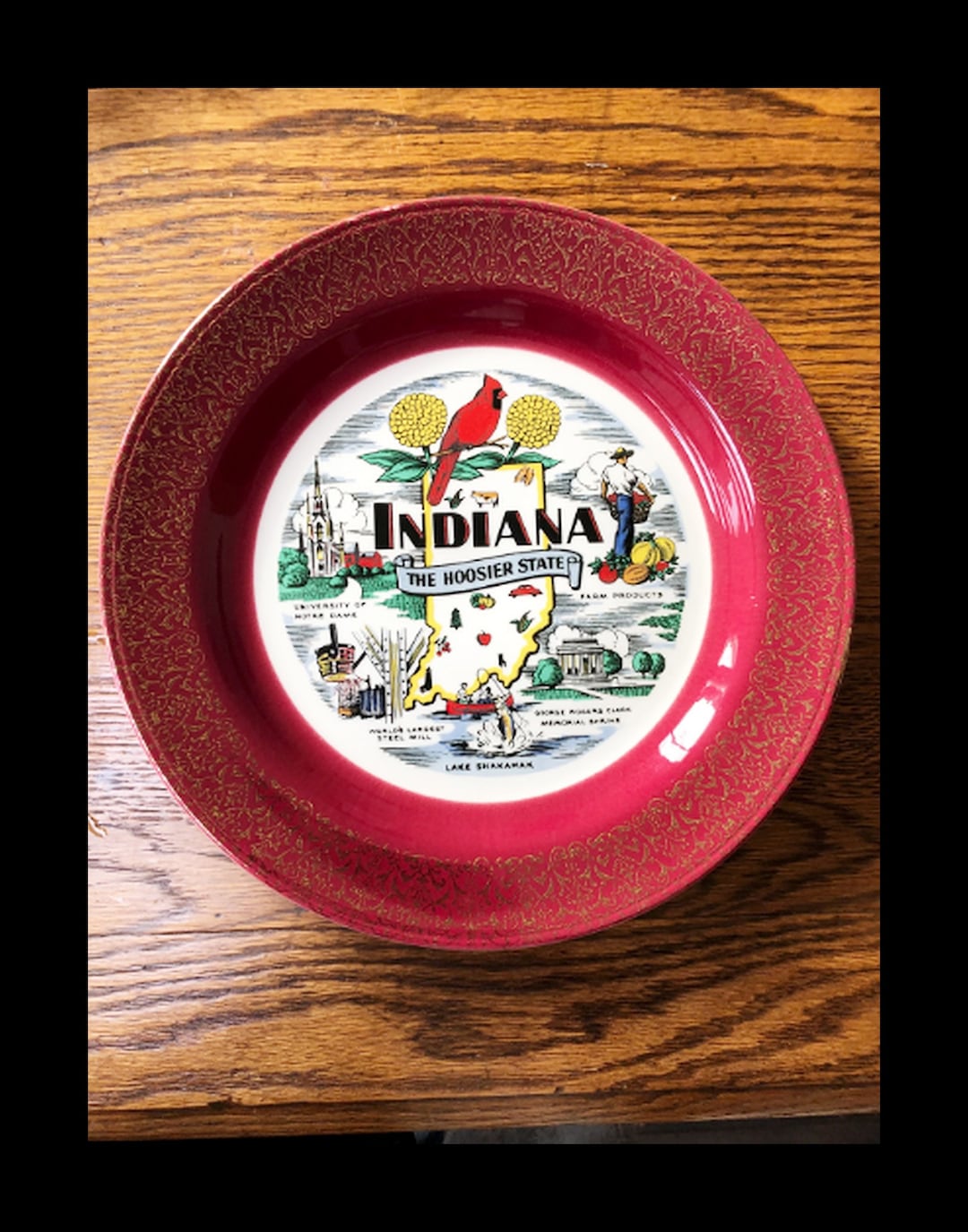 Vintage Indiana Souvenir State Plate Landmarks Burgundy Large ...