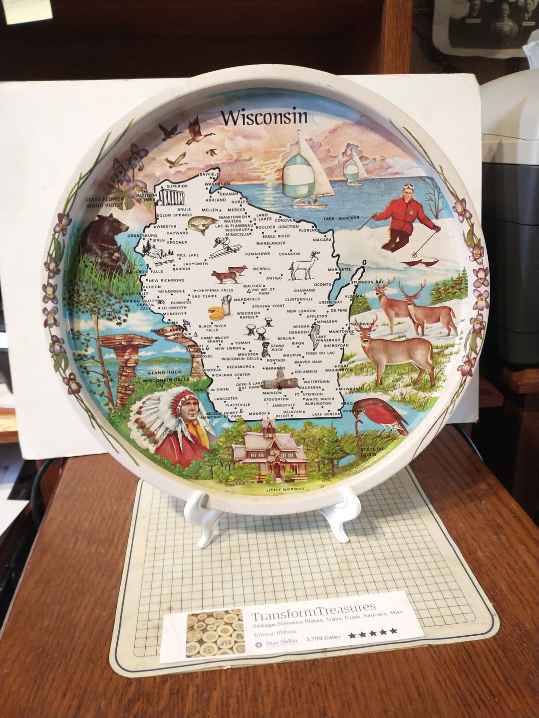 Vintage Wisconsin Souvenir State Color Metal Tray Map Landmarks ...
