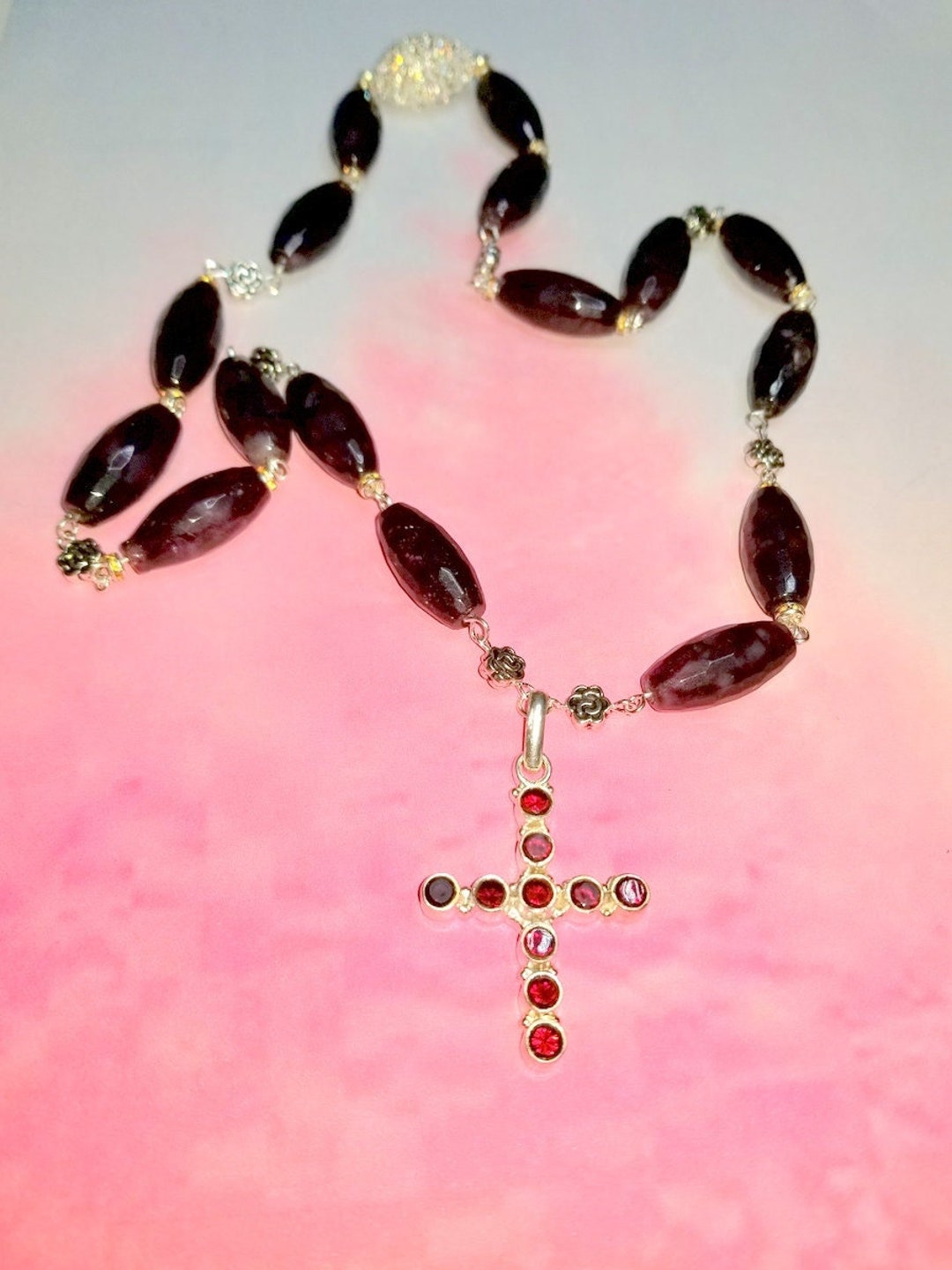 A Garnet Cross in 925 Silver and a Garnet Necklace - Etsy