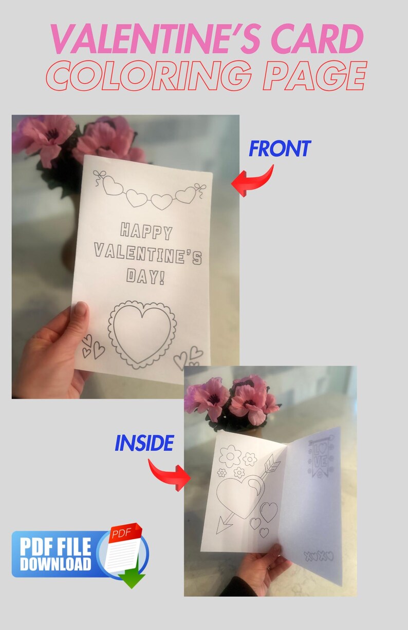 Coloring Page, Digital Printable Valentine's Day Card, Print at Home ...