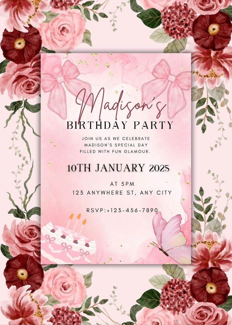Pink Glam Birthday Party Invitation- Editable Templates for Girl's ...