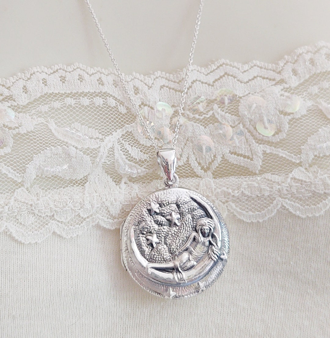 Vintage Moon Lady Locket Necklace, Sterling Silver Locket, Puffy Round ...