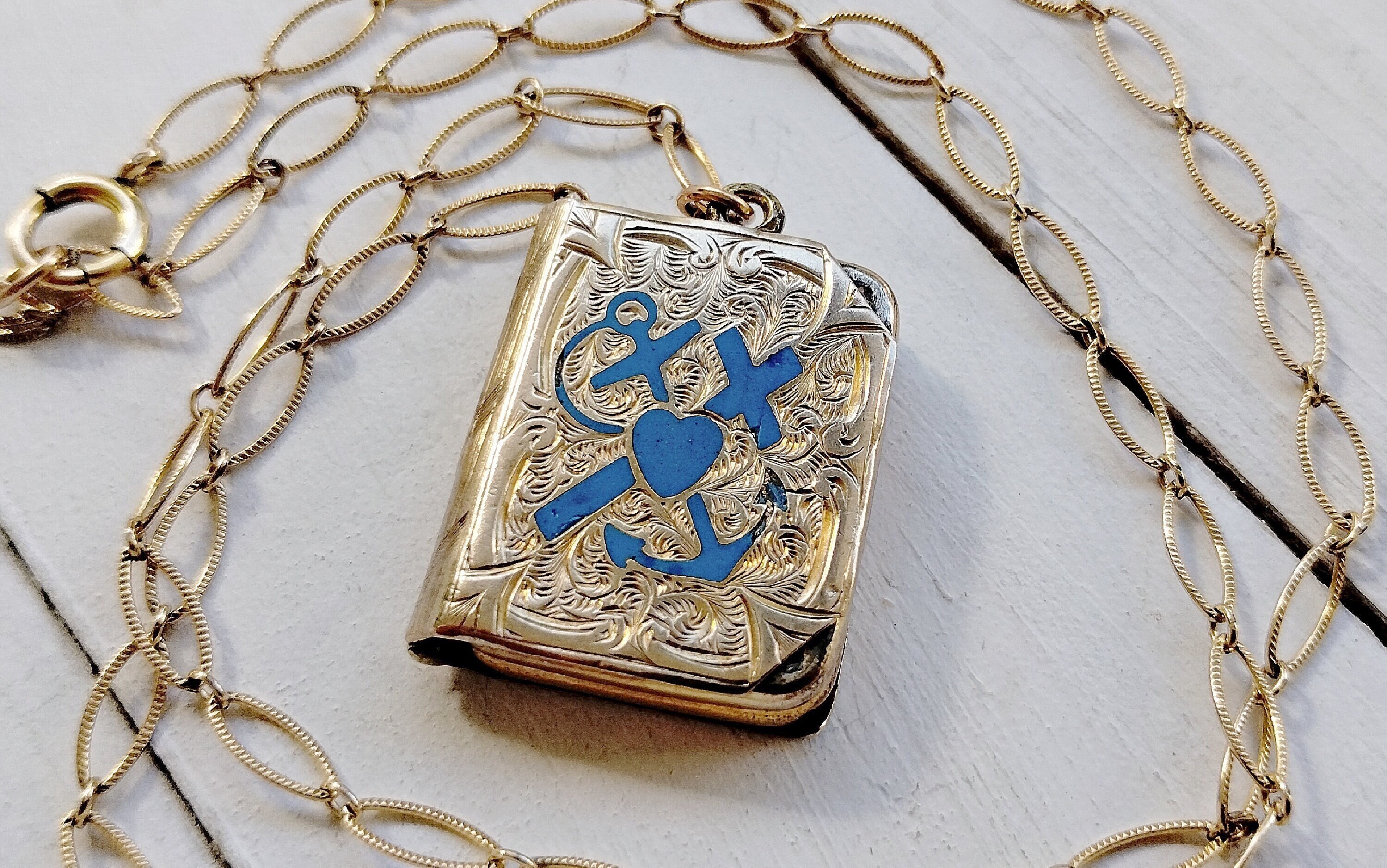 Antique 9ct Solid Gold Front and Back Enamel Book Locket Necklace on ...
