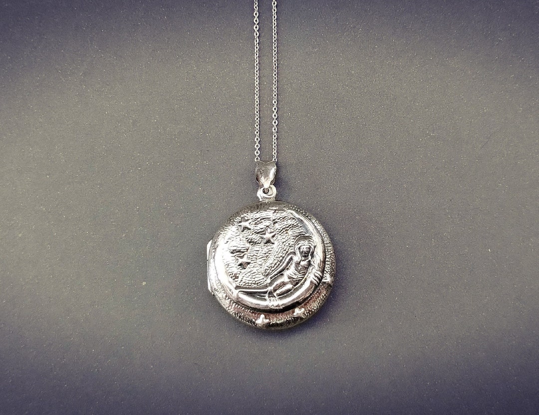 Vintage Moon Lady Locket Necklace, Sterling Silver Locket, Puffy Round ...