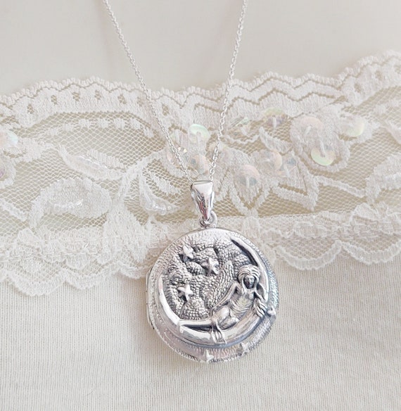 Vintage Moon Lady Locket Necklace, Sterling Silver Lo… - Gem