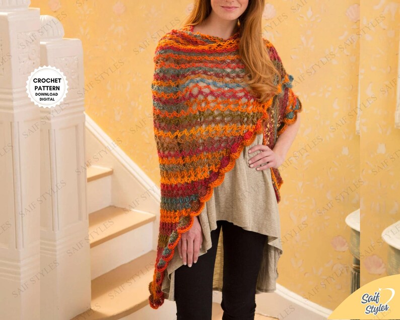 Tabla de puntadas de patrón de crochet Chal de verano con encaje Chal festoneado fácil Patrón de ...