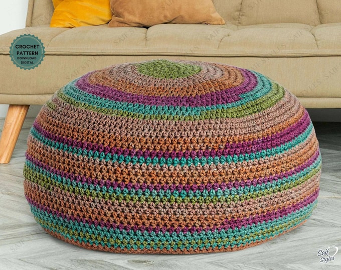 Crochet Square Bobbles Pouf Pattern Large DIY Crochet Ottoman Pouf ...