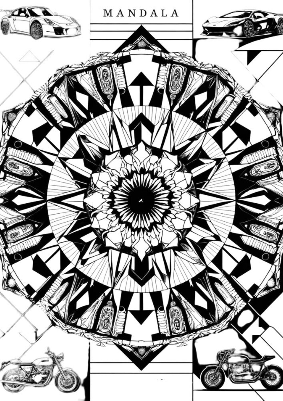 Mandala Coloring Book With Cars and Motorcycles Black and White ...