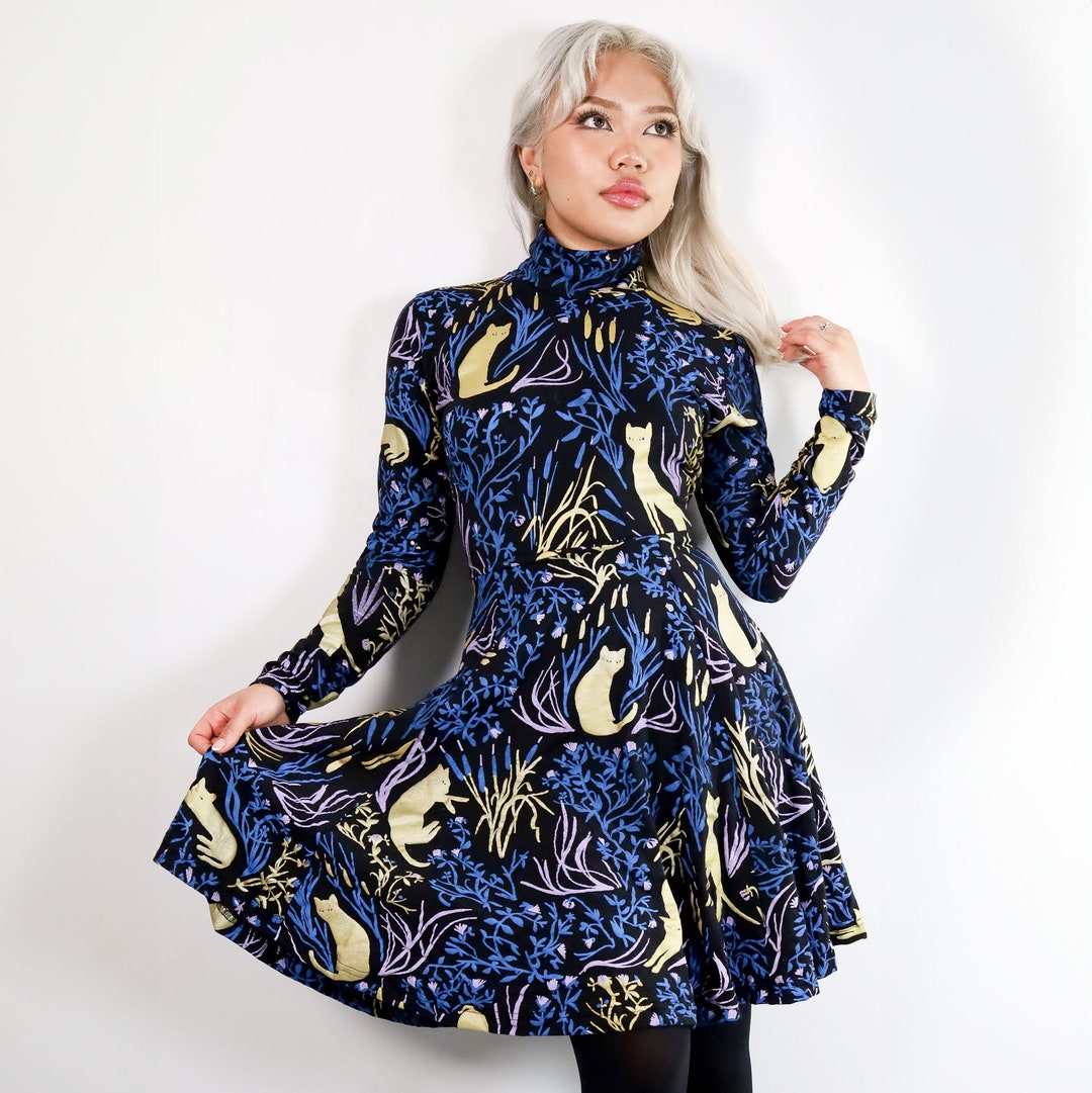 Cattails Turtleneck Twirl Dress Cat Print Dress Organic Cotton Bamboo ...