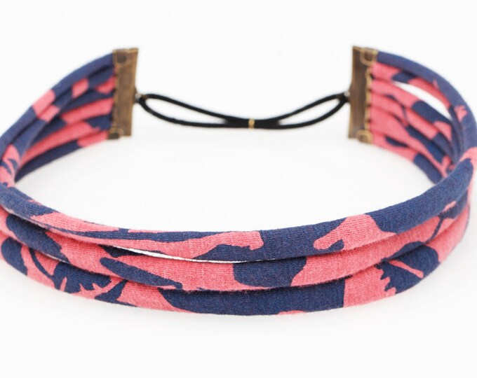 Hand Printed 'floral' String Headband in Navy and Pink - Etsy