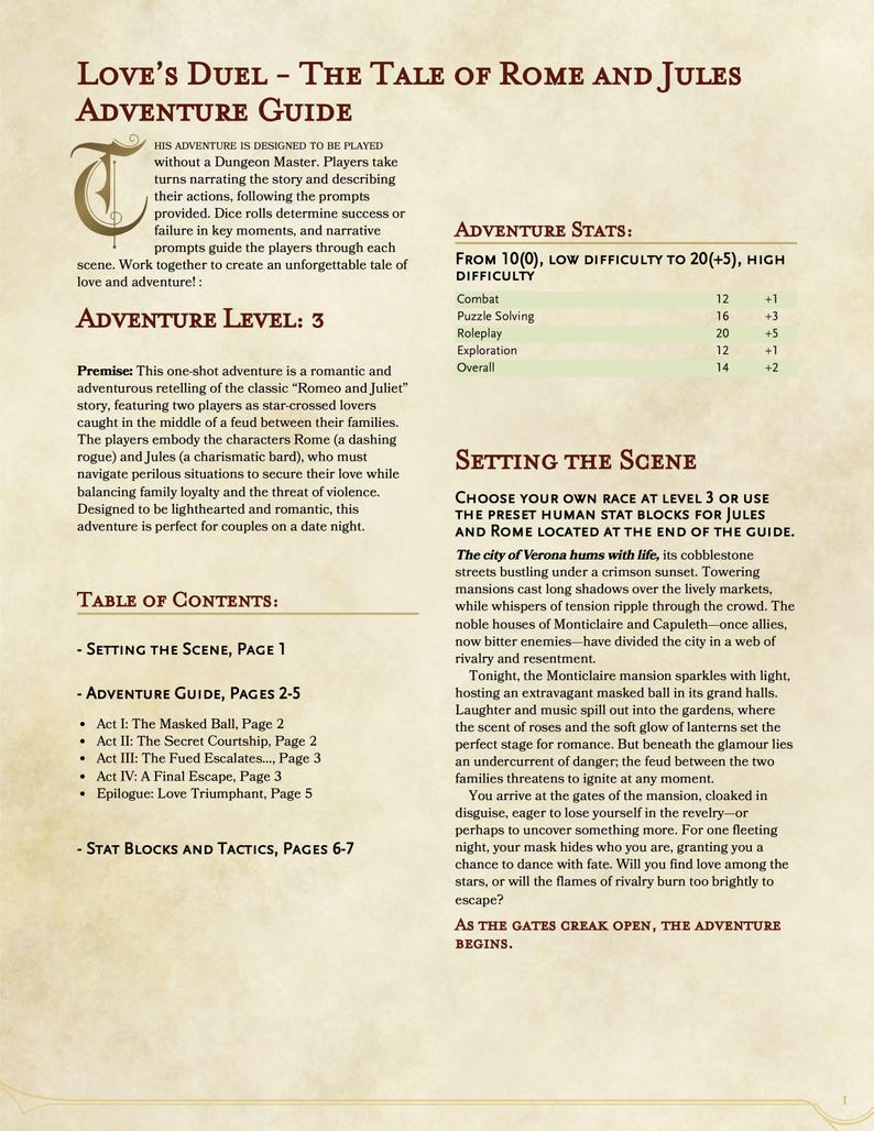 Love's Duel the Tale of Rome and Jules - Romantic Dnd 5E Date Night One ...