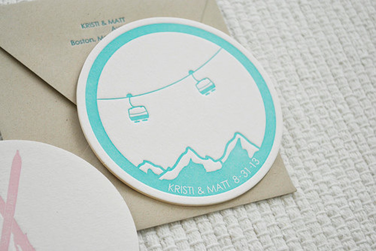 Letterpress Coaster Save the Date: Ski Couple - Etsy