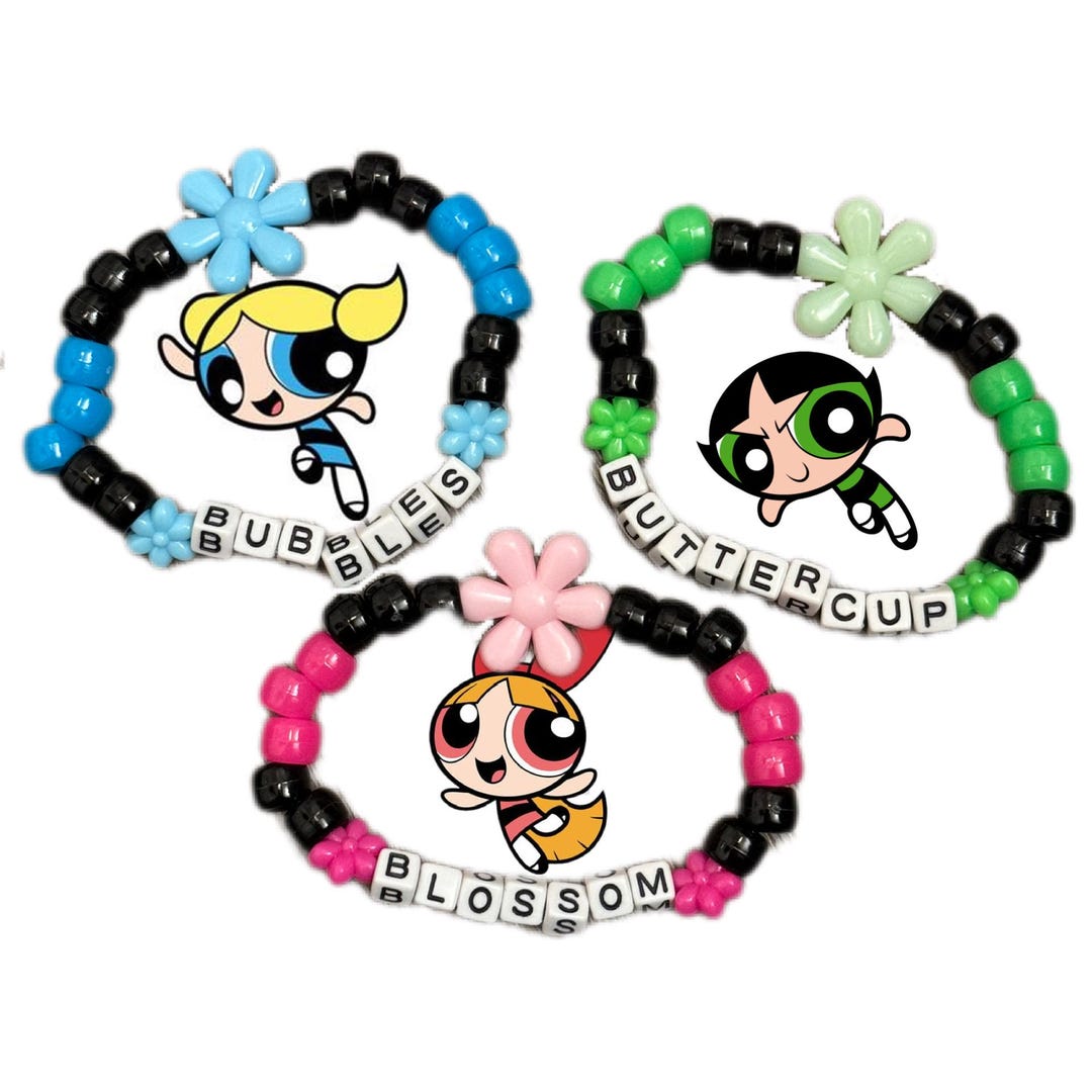 The Powerpuff Girls Blossom, Bubbles, and Buttercup Matching Elastic Beaded Kandi Bracelets ...