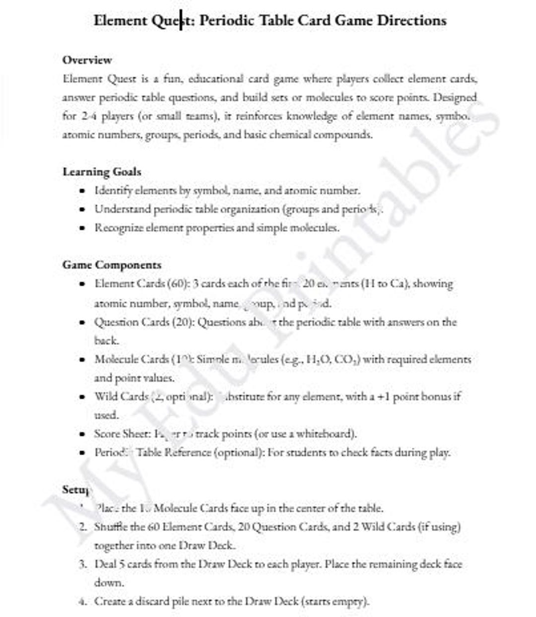 Element Quest: Periodic Table Card Game Full Set, Printable Science ...