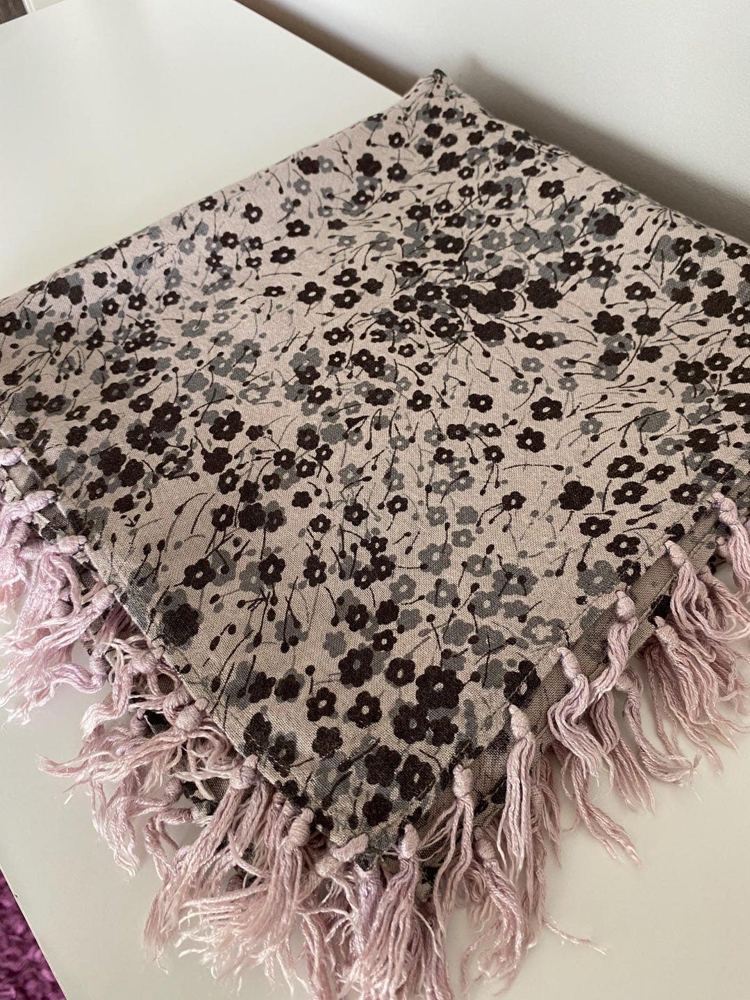 Vintage Massimo Dutti Floral Square Scarf Gray Black Pink Tassels | 46. ...