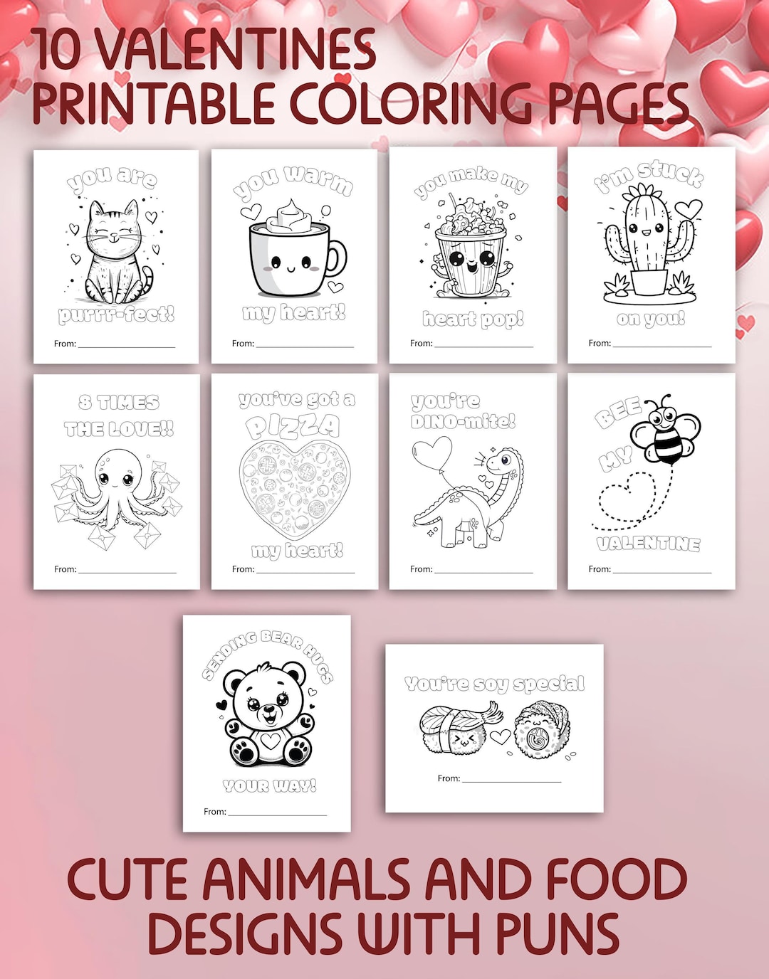 10 Valentines Printable Coloring Pages for Kids With Cute Animals and ...