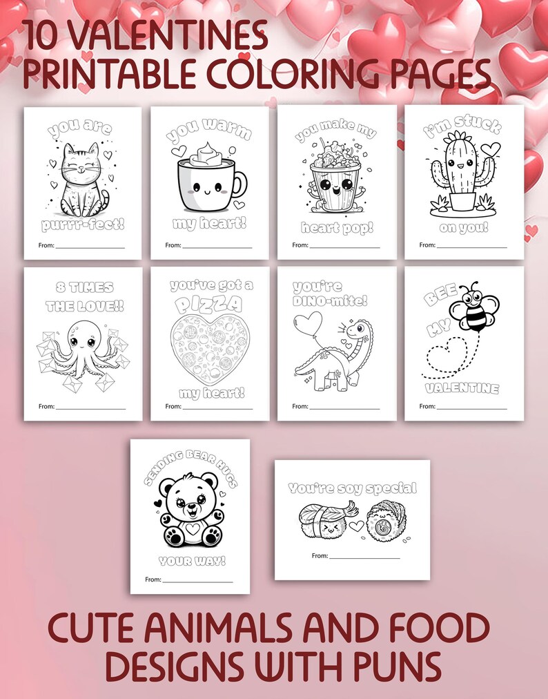 10 Valentines Printable Coloring Pages for Kids With Cute Animals and ...