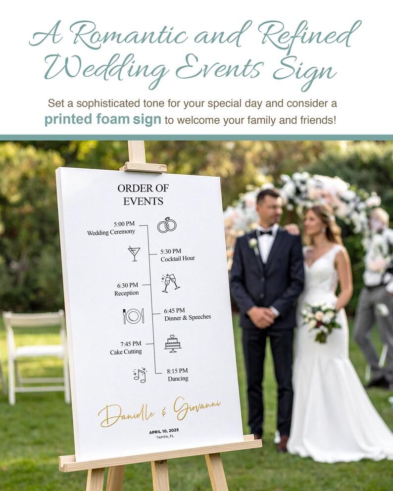 Printed Wedding Order of Events Sign, Elegant Vertical Foam Board ...