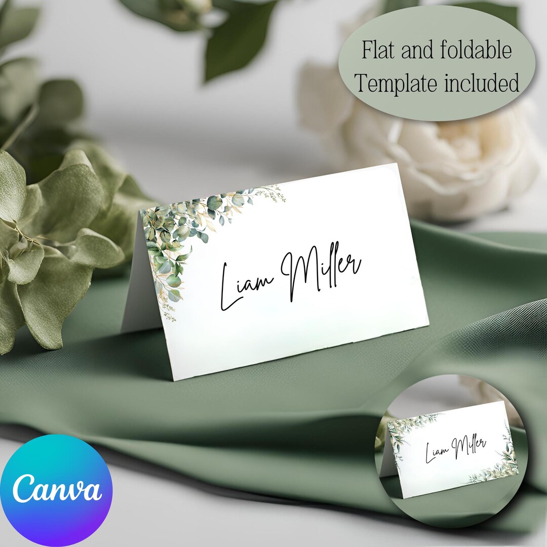 Elegant Greenery Place Card Template, Editable Name Card Canva Template ...