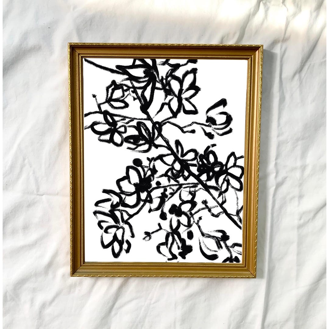 Black Botanical Line Drawing, Spring Branch Floral Art Print, Modern ...