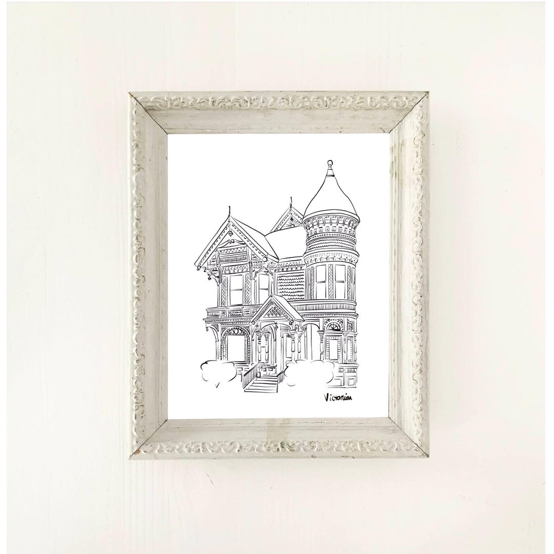 Whimsical Victorian House Line Drawing Illustration, Historic Victorian ...